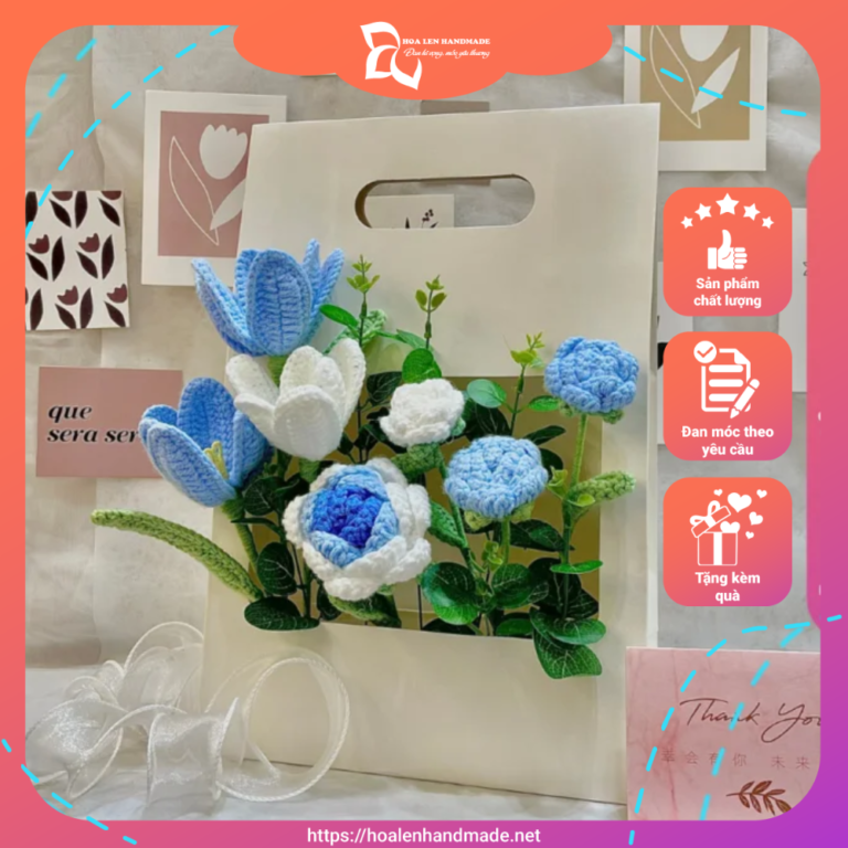 Bó hoa mẫu đơn móc len handmade làm quà tặng - Hoa Len Handmade